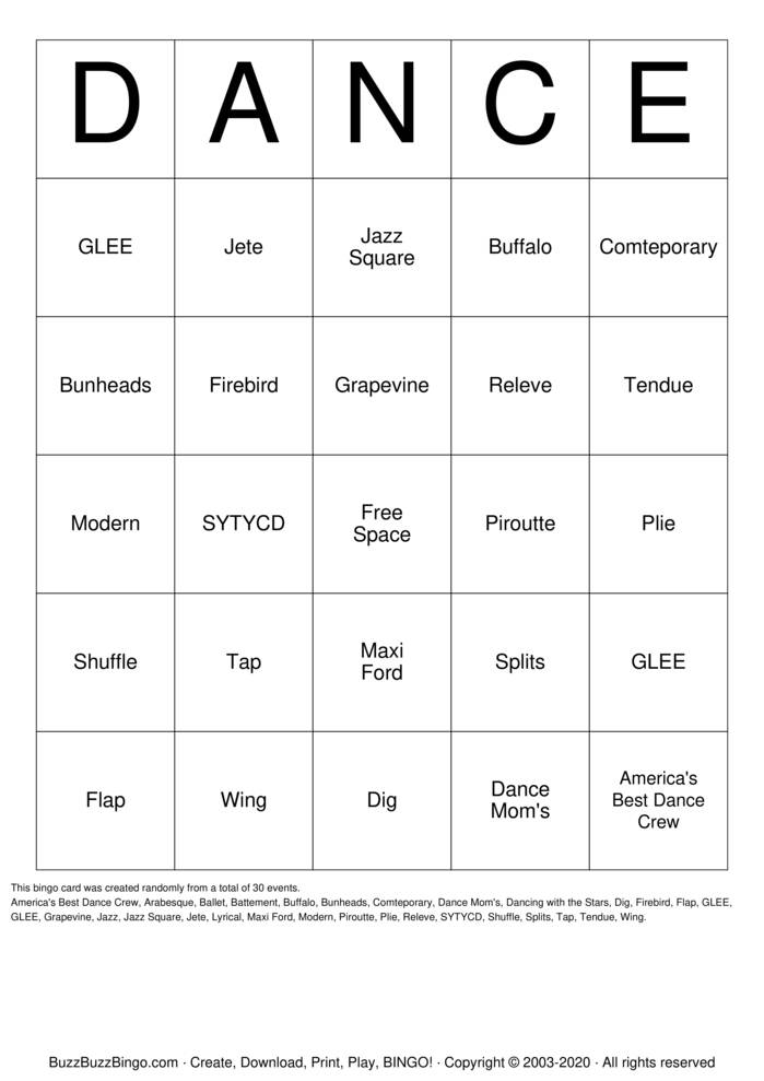 DANCE Bingo Cards to Download, Print and Customize!