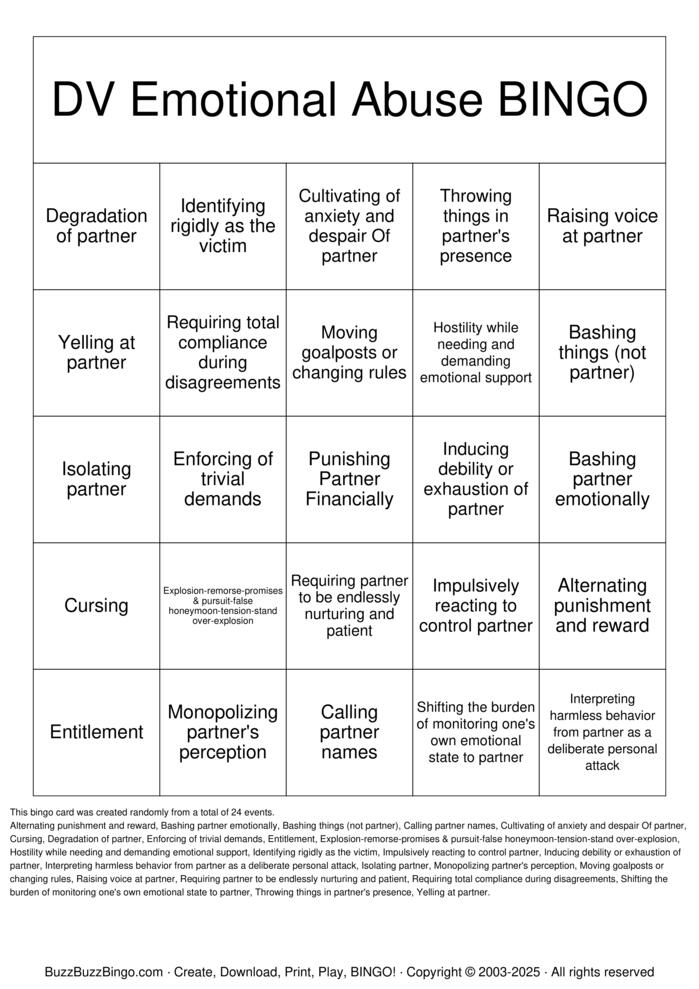 DOMESTIC VIOLENCE: Emotional Abuse Bingo Cards to Download, Print and ...