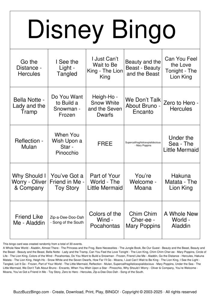 Disney Movie Songs Bingo Cards to Download, Print and Customize!