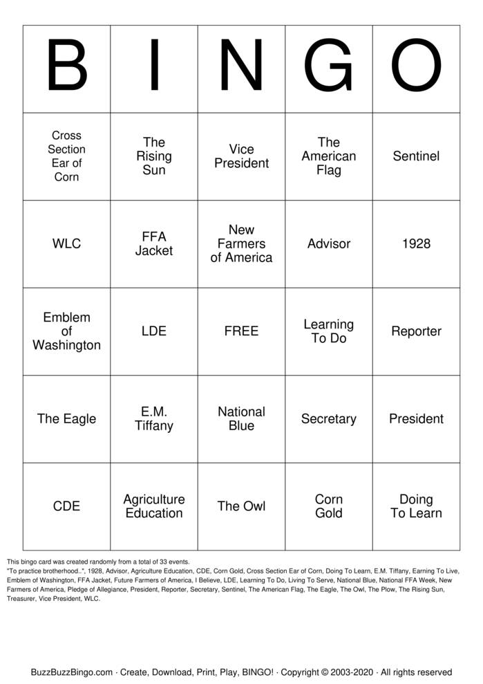 FFA Bingo Bingo Cards to Download, Print and Customize!