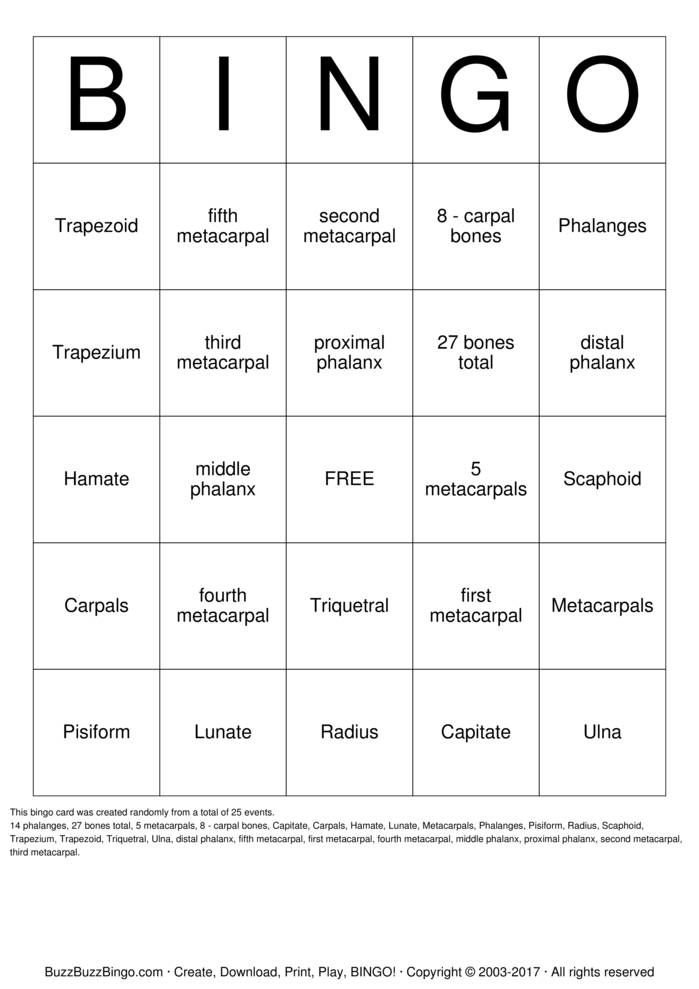 Hand/Wrist Bingo Cards to Download, Print and Customize!