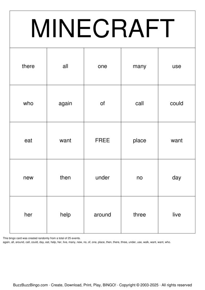 Minecraft Bingo Cards to Download, Print and Customize!