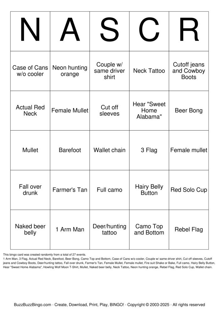 NASCAR Redneck Bingo Bingo Cards to Download, Print and Customize!