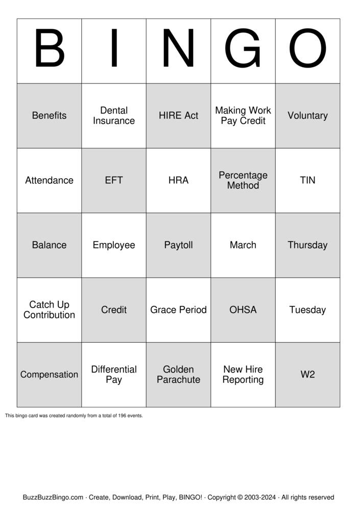PAYROLL Bingo Cards to Download, Print and Customize!