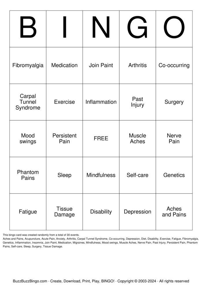 Pain Bingo Cards to Download, Print and Customize!
