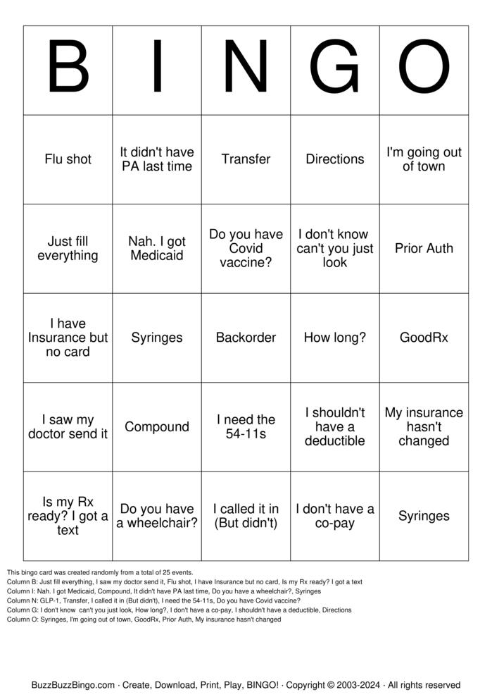 Pharmacy Bingo! Bingo Cards to Download, Print and Customize!