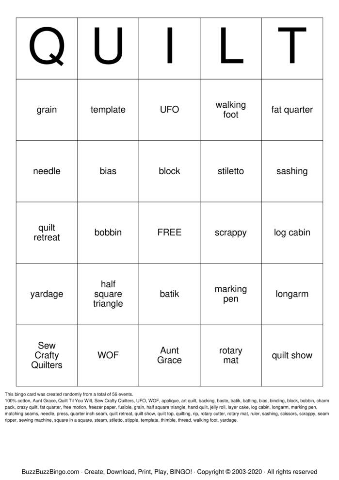 QUILT Bingo Cards to Download, Print and Customize!