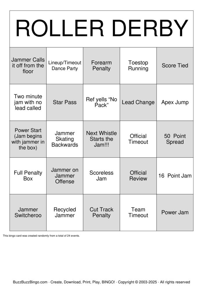 ROLLER DERBY BINGO Bingo Cards to Download, Print and Customize!