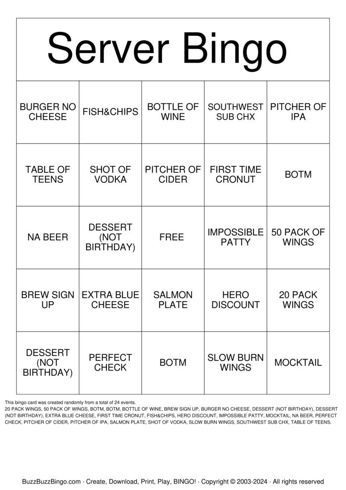 SERVER BINGO Bingo Cards to Download, Print and Customize!