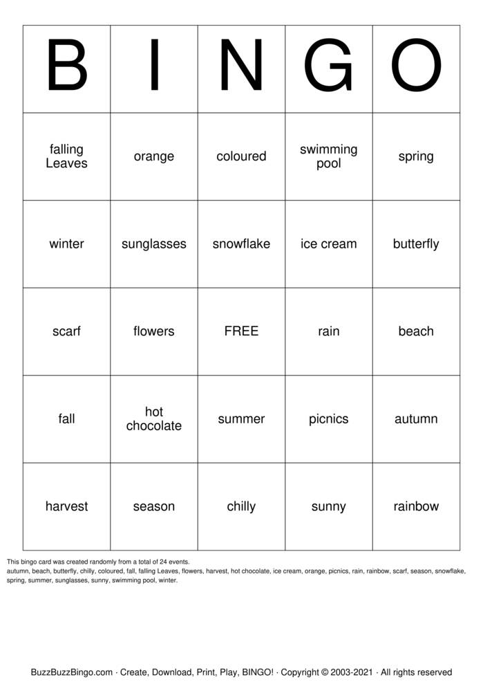 Seasons Bingo Cards to Download, Print and Customize!