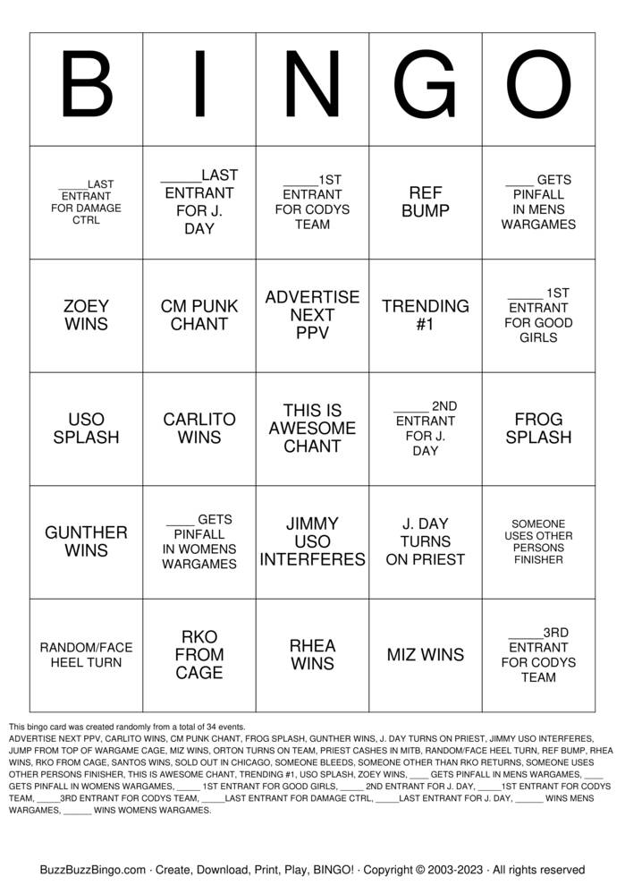 WWE WARGAMES Bingo Cards to Download, Print and Customize!