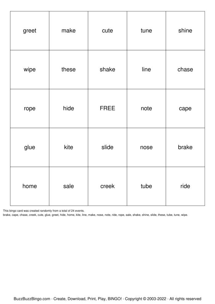 long vowel words Bingo Cards to Download, Print and Customize!