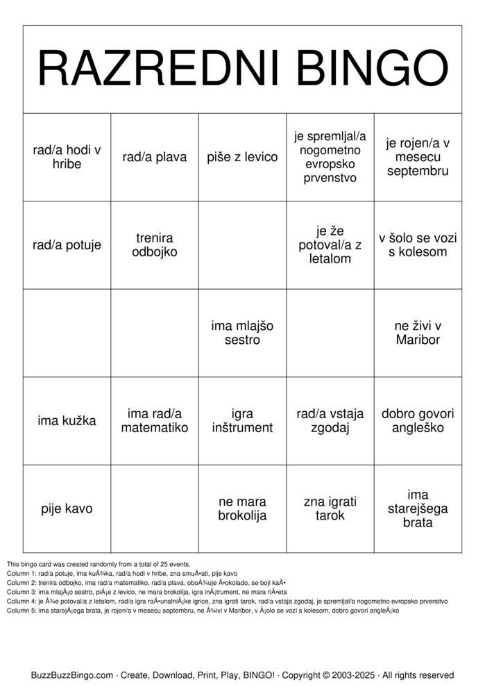 razredni BINGO Bingo Cards to Download, Print and Customize!