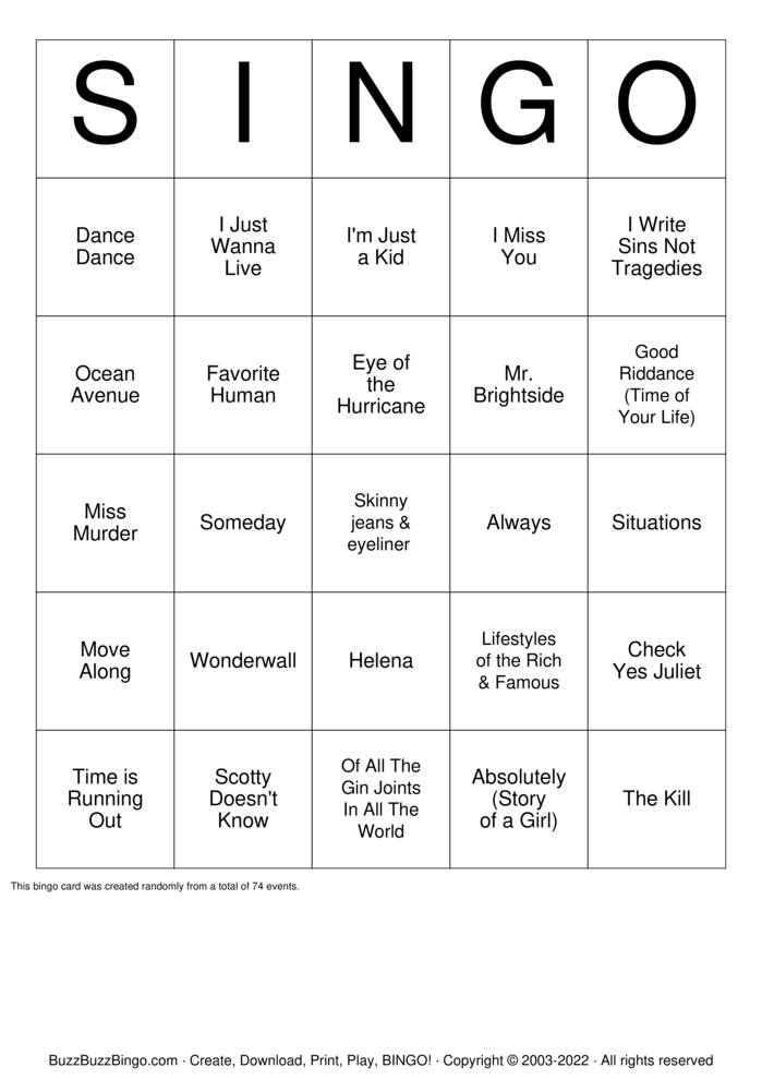 2000s Emo Bingo Cards to Download, Print and Customize!