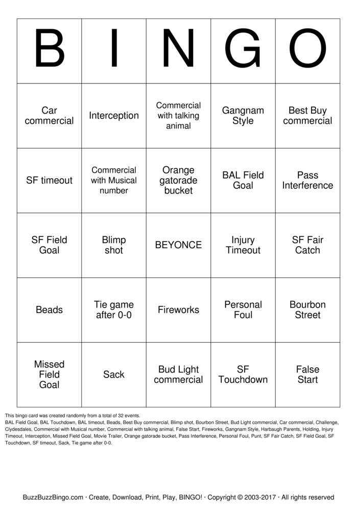 2013 Superbowl BAL vs SF Bingo Cards to Download, Print and Customize!