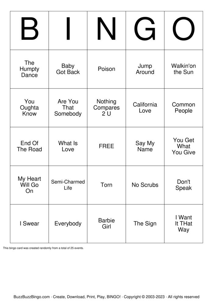 90s Hit Songs 2 Bingo Cards to Download, Print and Customize!