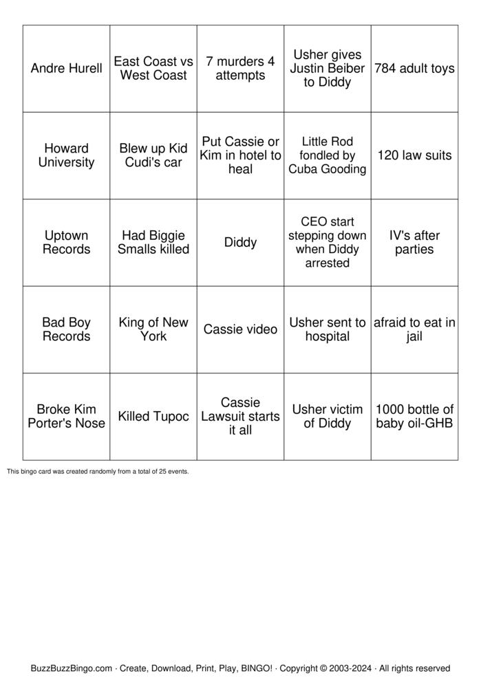 Cancel Culture Diddy Bingo Cards to Download, Print and Customize!