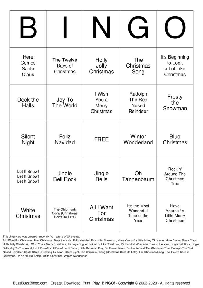 Christmas Songs Bingo Cards to Download, Print and Customize!