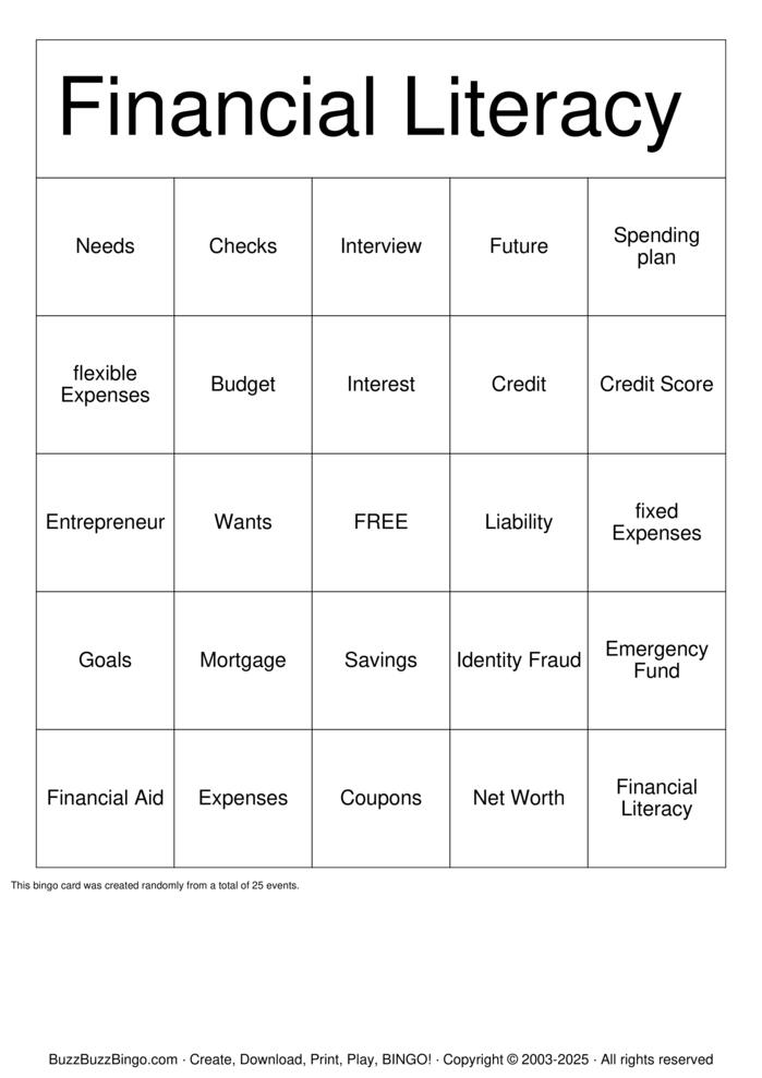 Financial Literacy Bingo Cards to Download, Print and Customize!