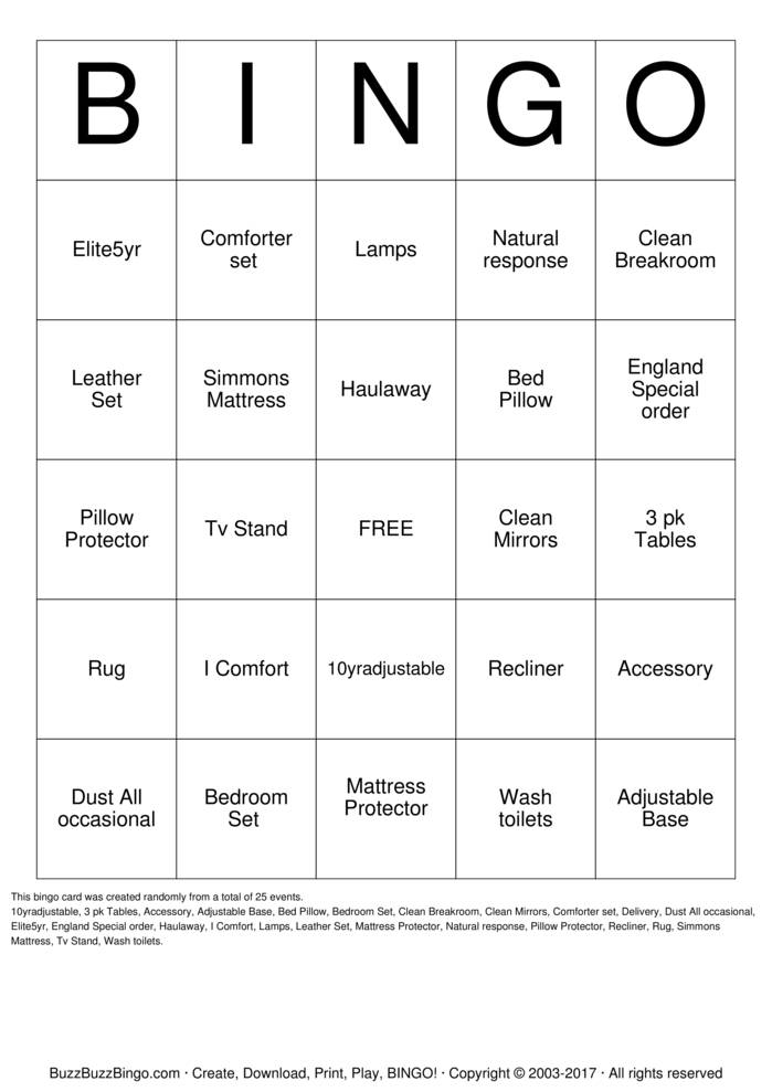 Furniture Bingo Bingo Cards to Download, Print and Customize!