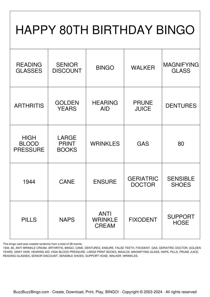 HAPPY 80TH BIRTHDAY BINGO Bingo Cards to Download, Print and Customize!