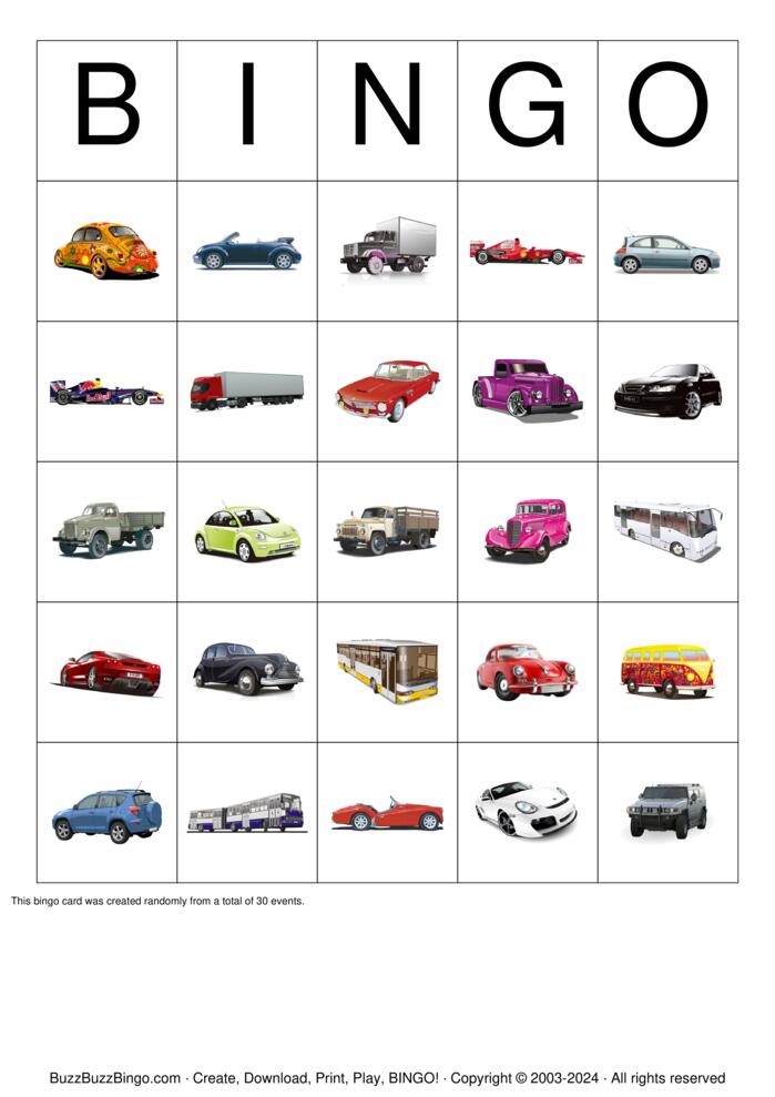 Images of Cars Bingo Cards to Download, Print and Customize!