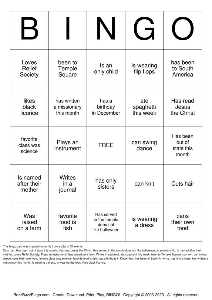 LDS YOUTH BINGO Bingo Cards to Download, Print and Customize!