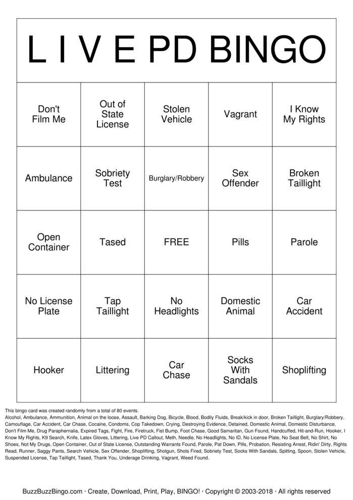 LIVE PD Bingo Cards to Download, Print and Customize!