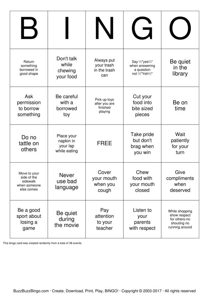Manners Bingo Cards to Download, Print and Customize!