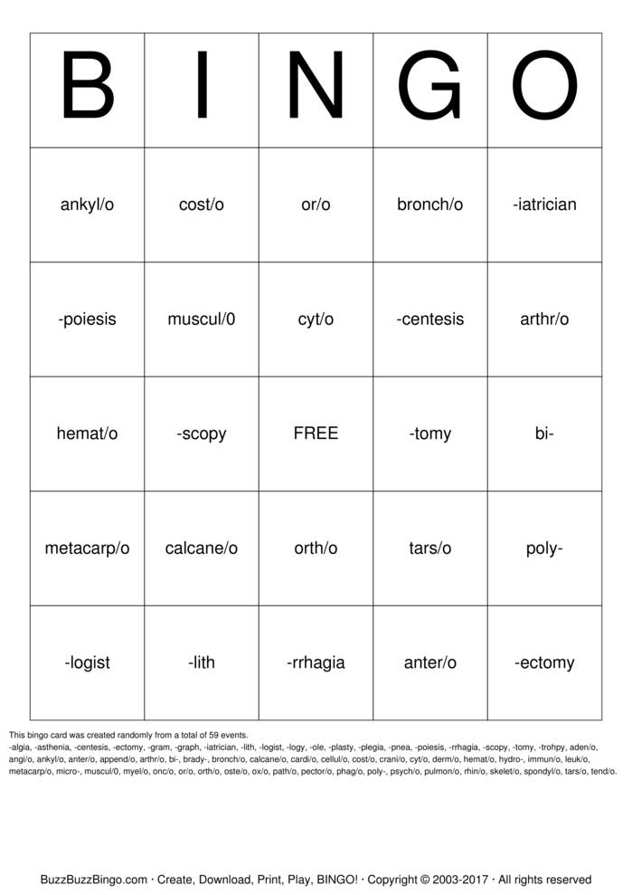 Medical Terms Word Parts Bingo Cards to Download, Print and Customize!