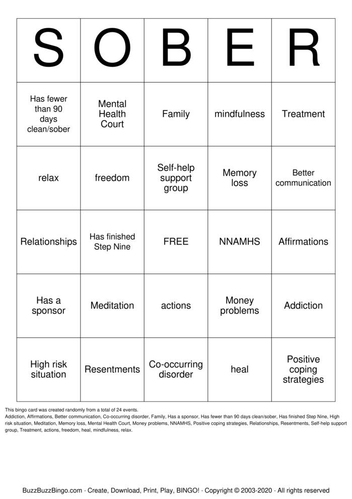 Recovery Bingo Cards To Download Print And Customize Recovery Bingo Cards To Download Print And Customize
