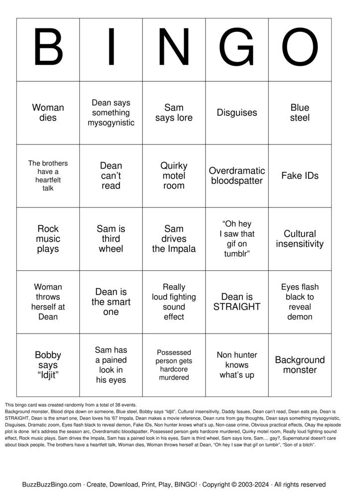 SUPERNATURAL Bingo Cards to Download, Print and Customize!