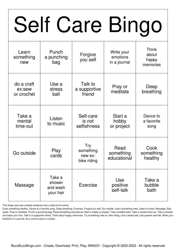 Self-Care Bingo Bingo Cards to Download, Print and Customize!