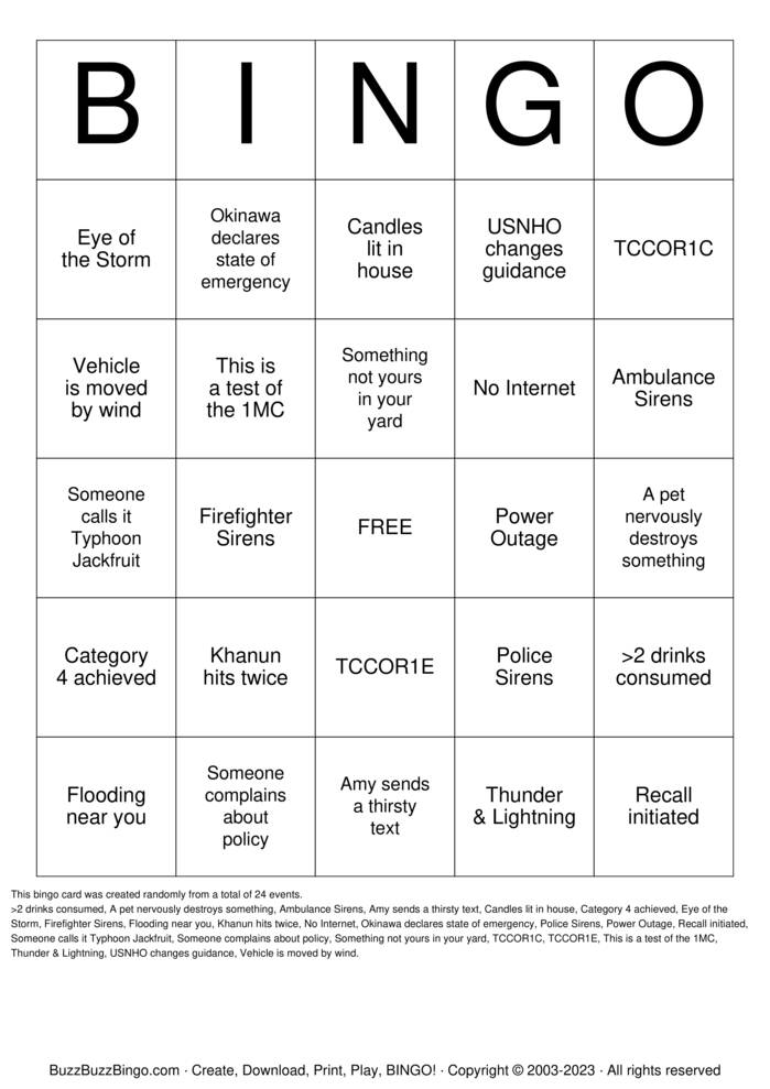Typhoon Bingo Bingo Cards to Download, Print and Customize!