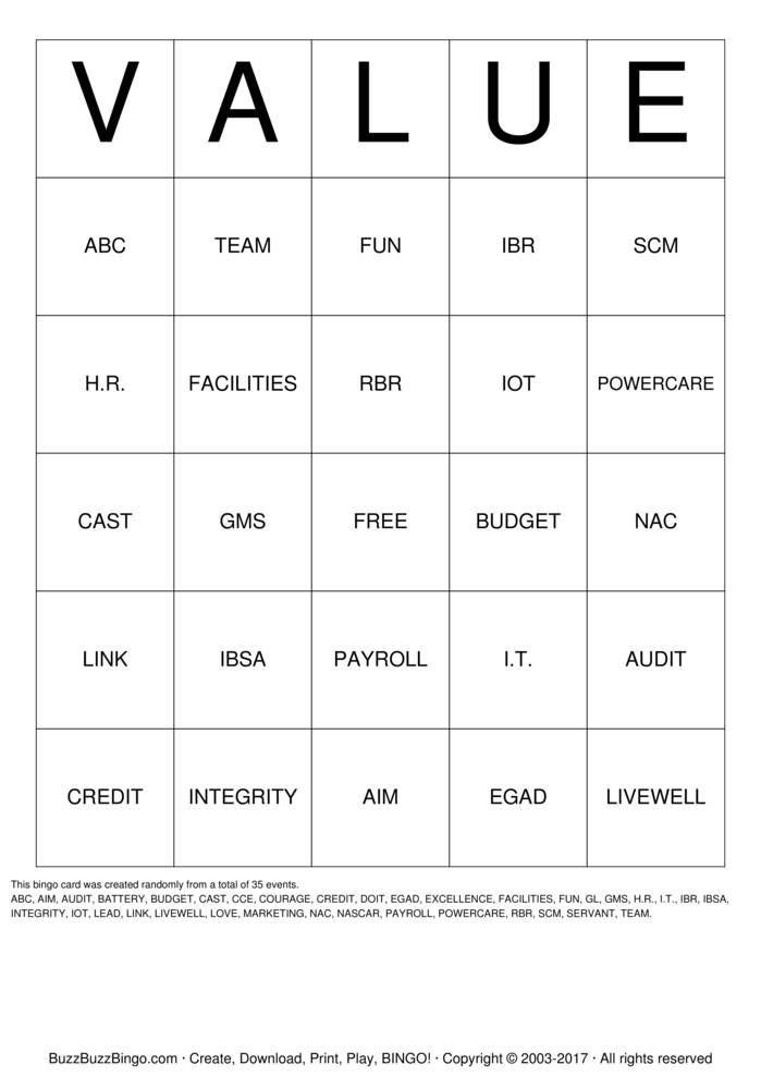 VALUE Bingo Cards to Download, Print and Customize!