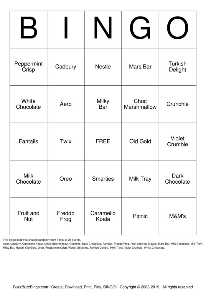 chocolate Bingo Cards to Download, Print and Customize!