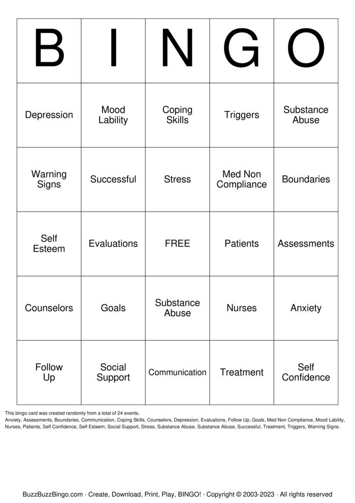 relapse prevention Bingo Cards to Download, Print and Customize!