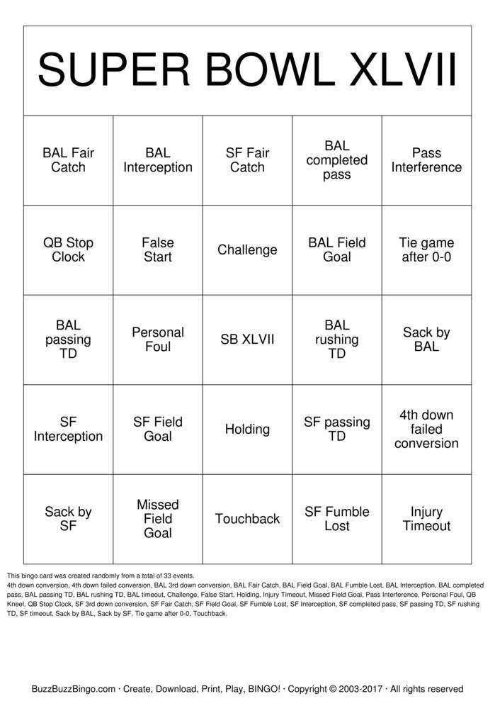 2013 Superbowl BAL vs SF Bingo Cards to Download, Print and Customize!
