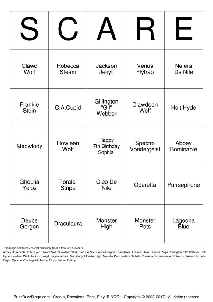 Alyssa Monster High Party Bingo Cards to Download, Print and Customize!