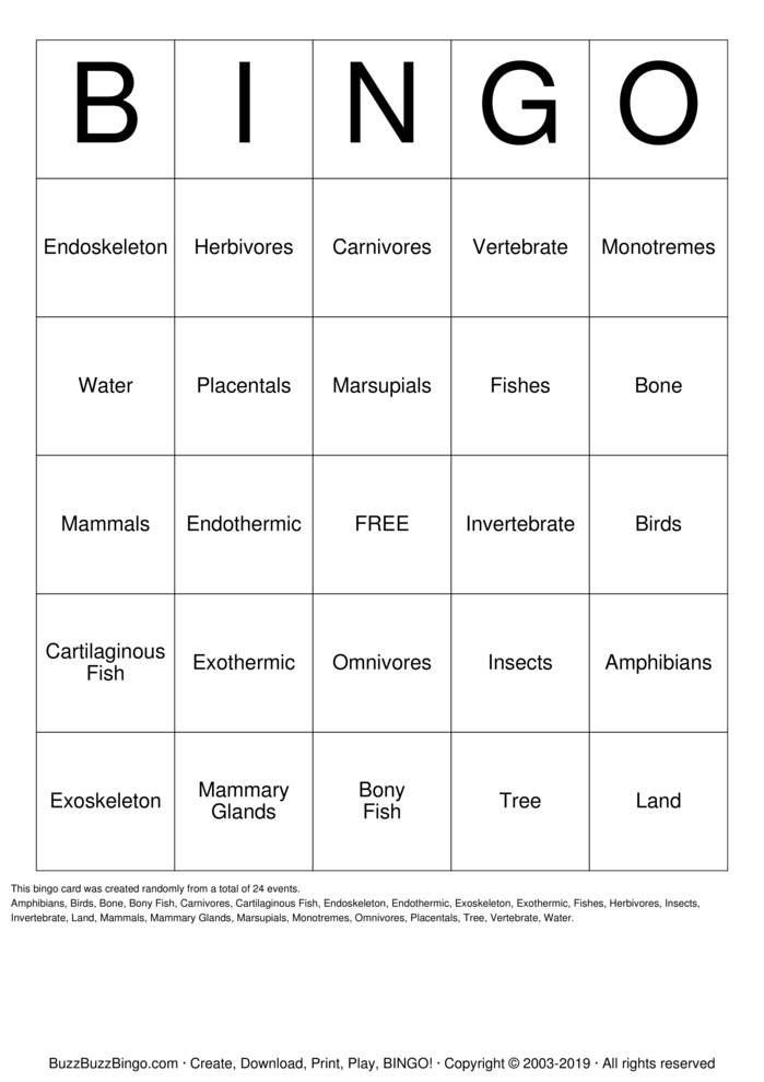 Animal Classification BINGO Bingo Cards to Download, Print and Customize!