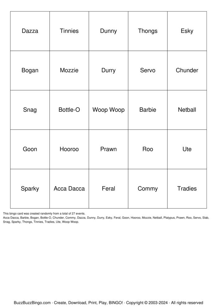 Bogan Bingo Cards to Download, Print and Customize!