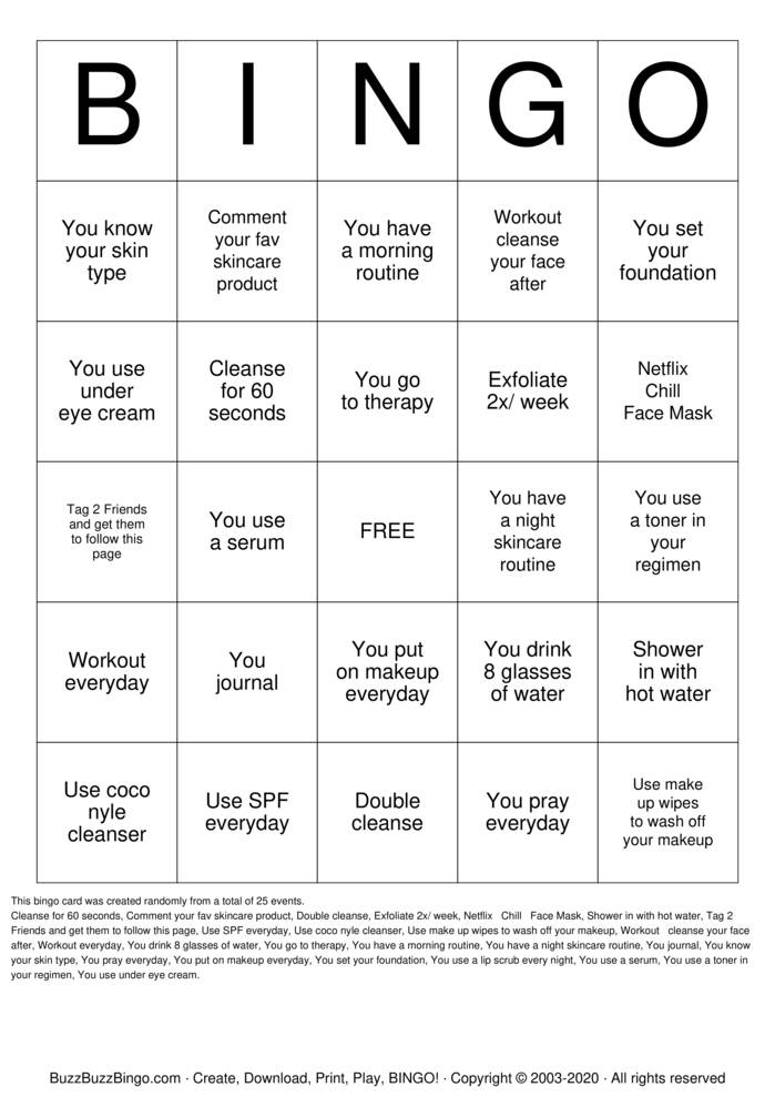 COCO NYLE SKINCARE BINGO Bingo Cards to Download, Print and Customize!