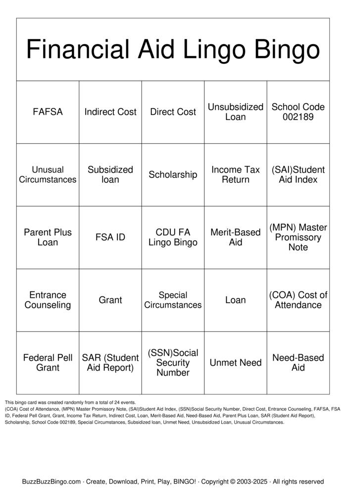 Financial Aid Lingo Bingo Cards to Download, Print and Customize!