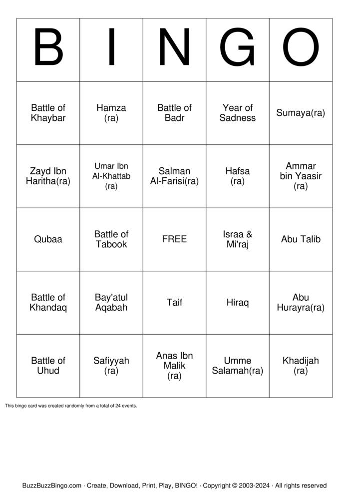 Islamic Seerah Bingo Cards to Download, Print and Customize!