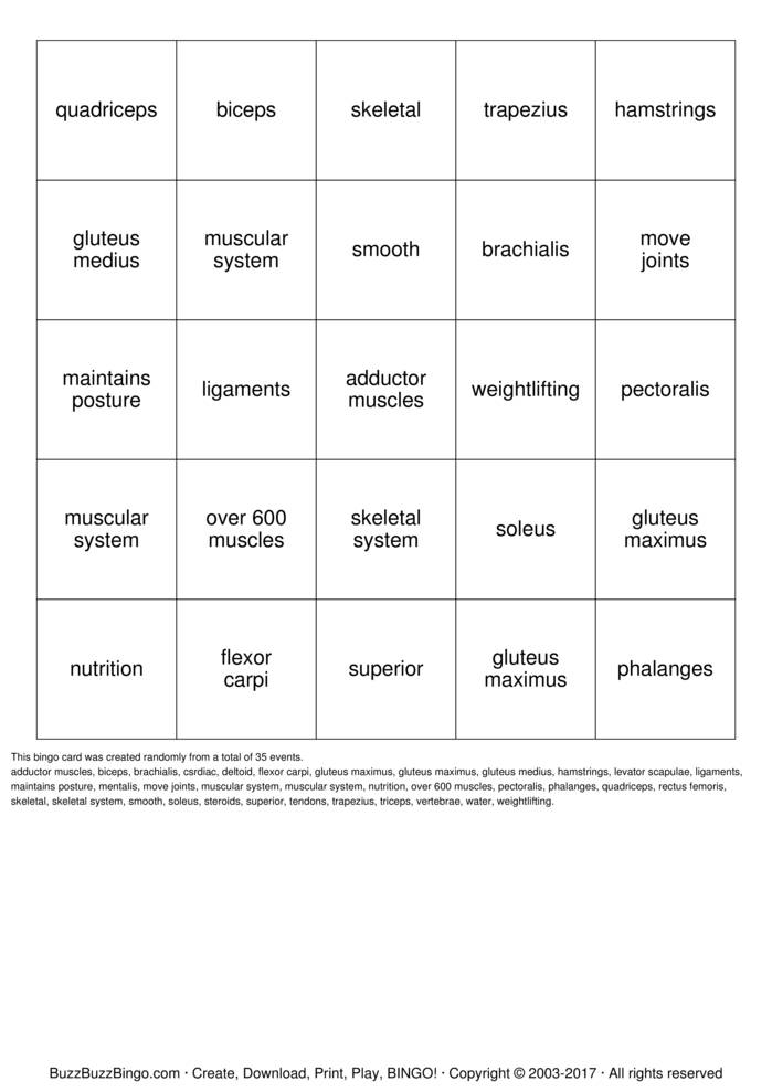 Muscular System Bingo Cards to Download, Print and Customize!