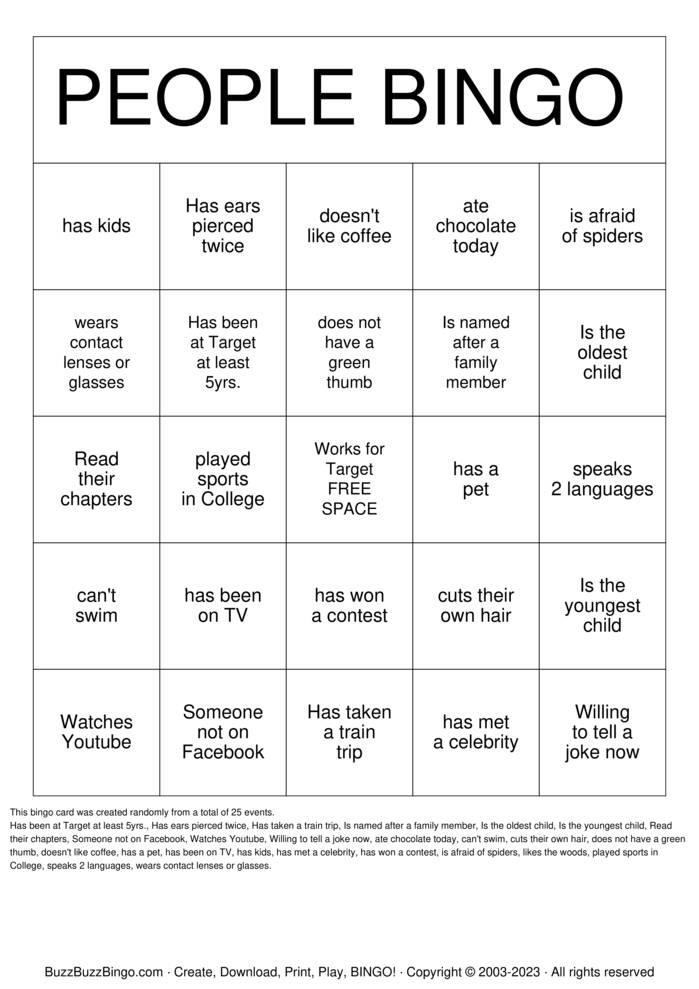 People Bingo Bingo Cards to Download, Print and Customize!