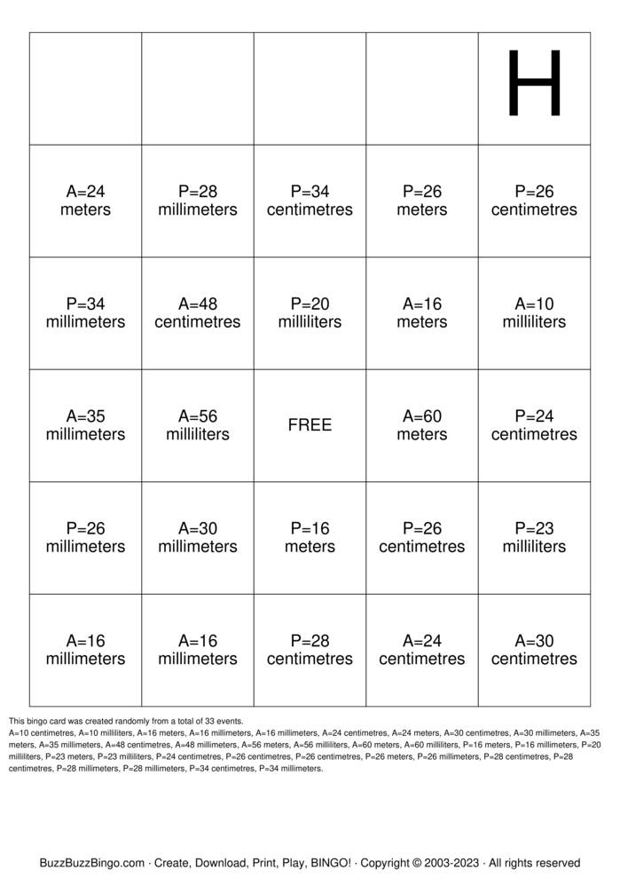 Perimeter and Area Bingo Blitz Bingo Cards to Download, Print and ...