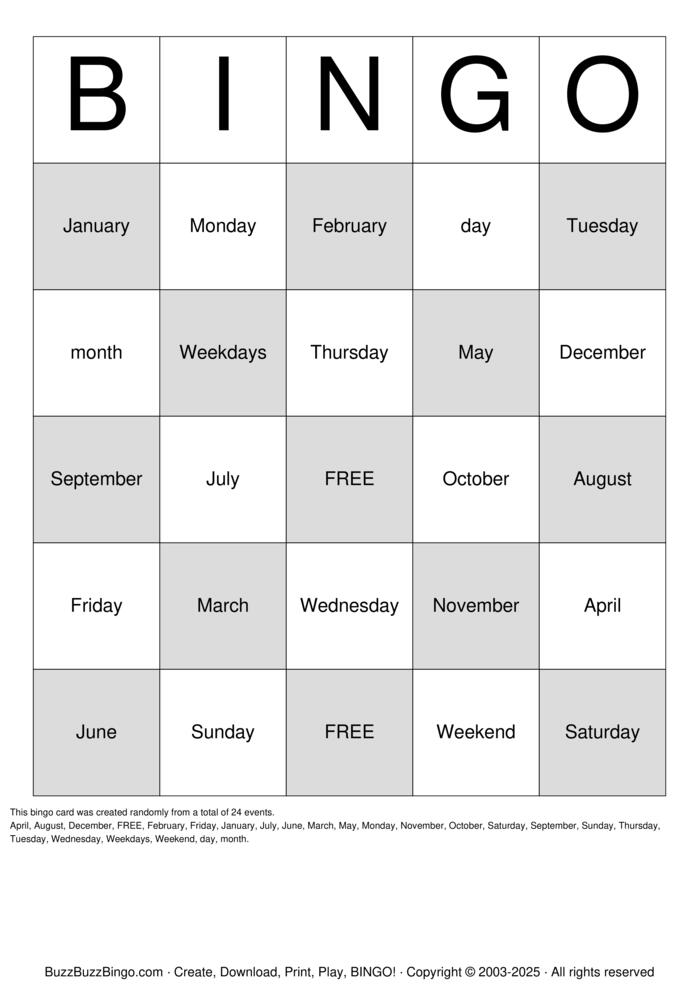 Seasons, Months, and Days Bingo Cards to Download, Print and Customize!
