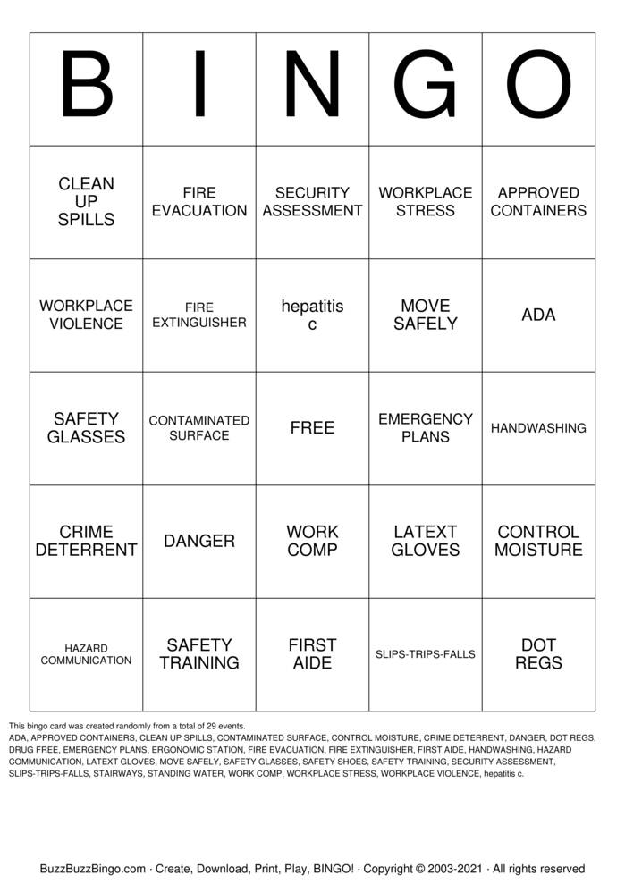 Workplace aware Safety Bingo Cards to Download, Print and Customize!