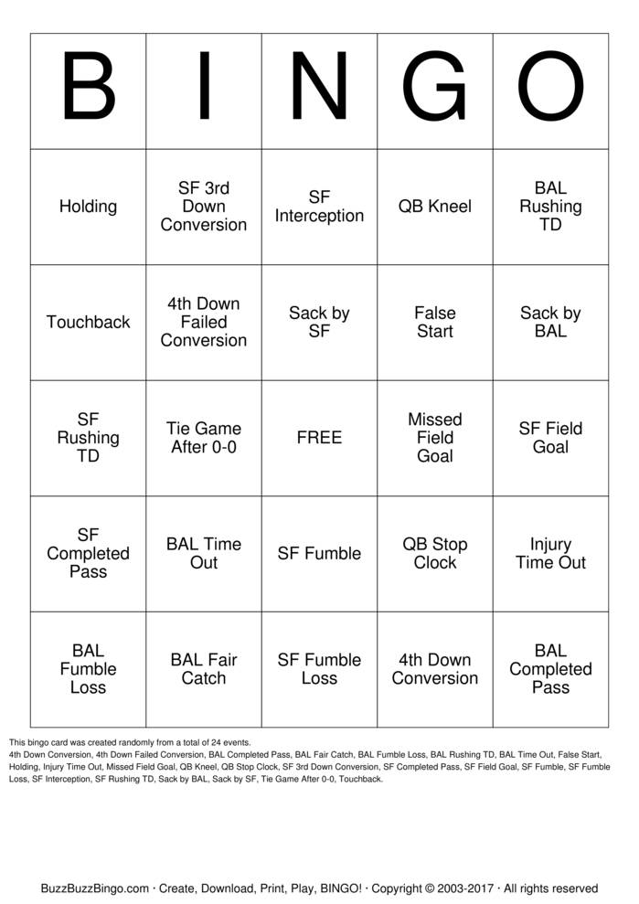 2013 Superbowl BAL vs SF Bingo Cards to Download, Print and Customize!